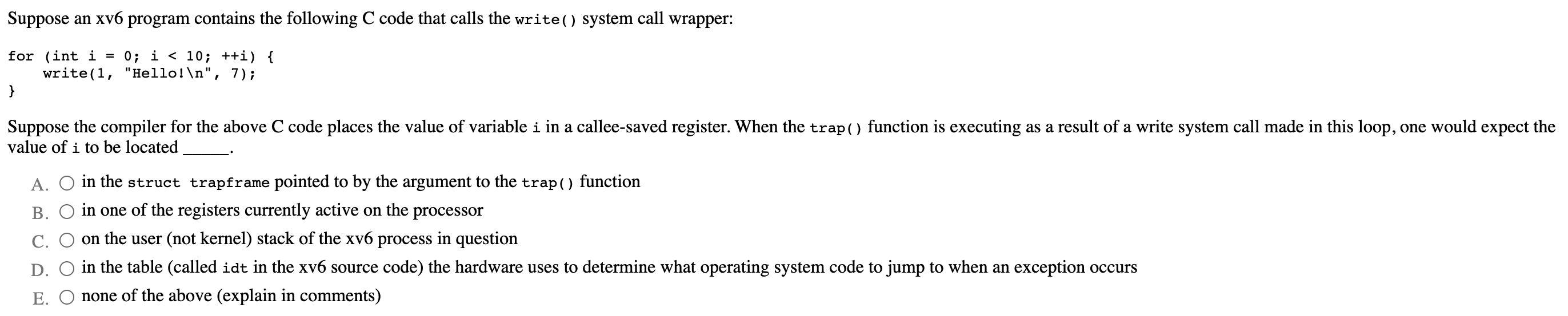 Suppose an xv6 program contains the following C code | Chegg.com