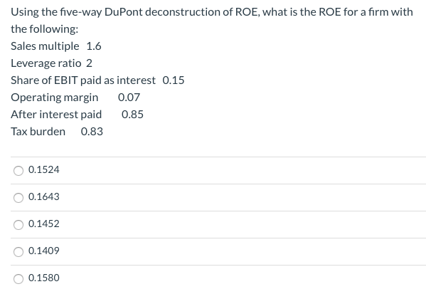 Solved Using the five-way DuPont deconstruction of ROE, what | Chegg.com