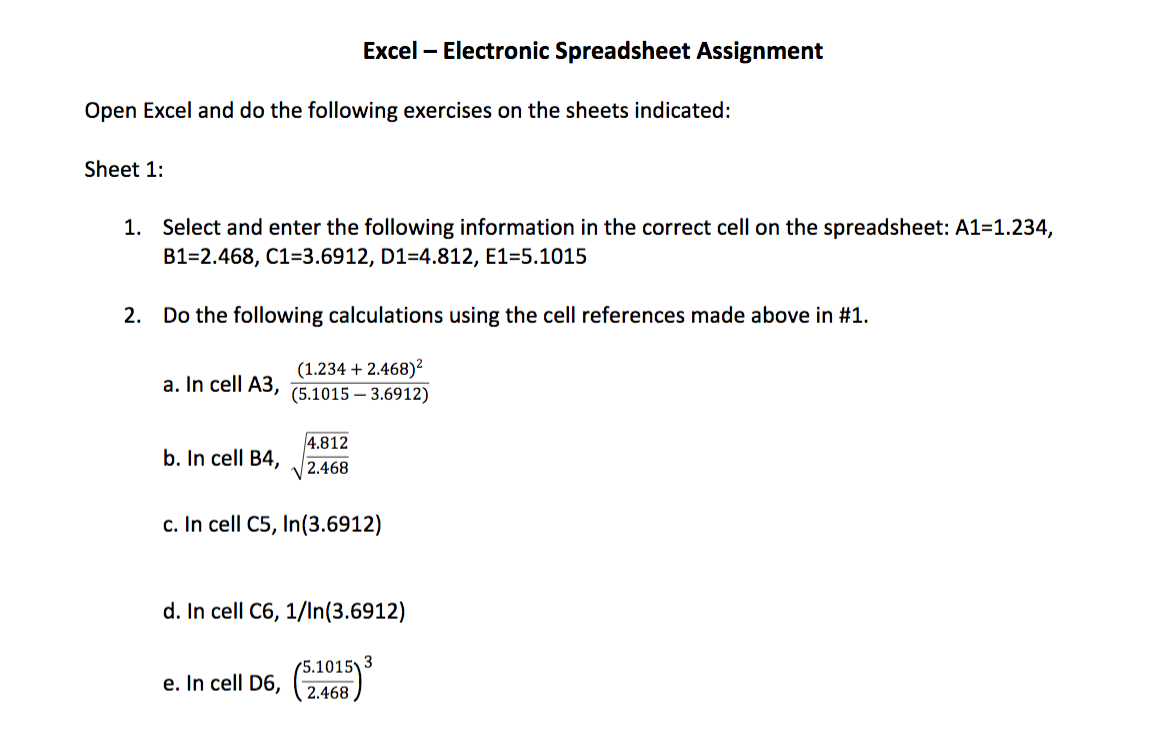Solved Excel - Electronic Spreadsheet Assignment Open Excel | Chegg.com