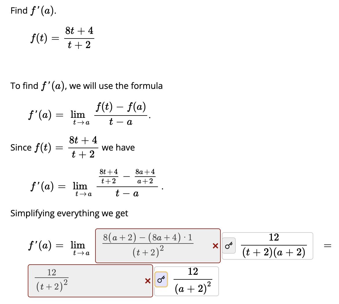 Solved Find f′(a) f(t)=t+28t+4 To find f′(a), we will use | Chegg.com