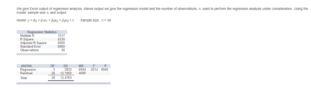 Solved We give Excel output of regression analysis. Above | Chegg.com