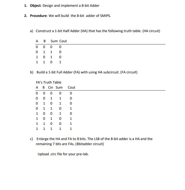 Solved 1. Object: Design and implement a 8-bit Adder 2. | Chegg.com