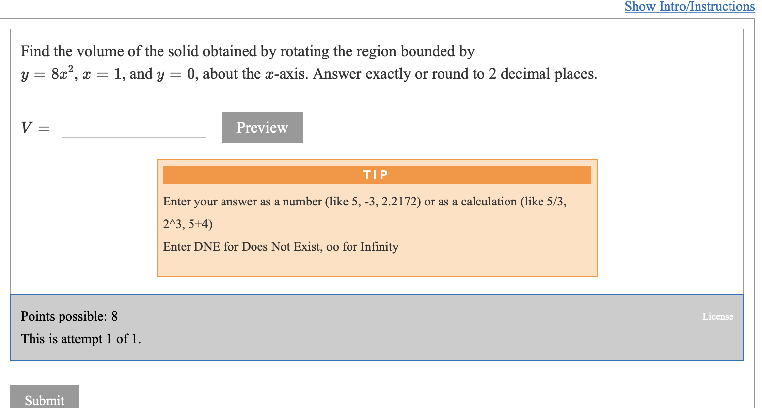 Solved Show Intro/Instructions Find the volume of the solid | Chegg.com