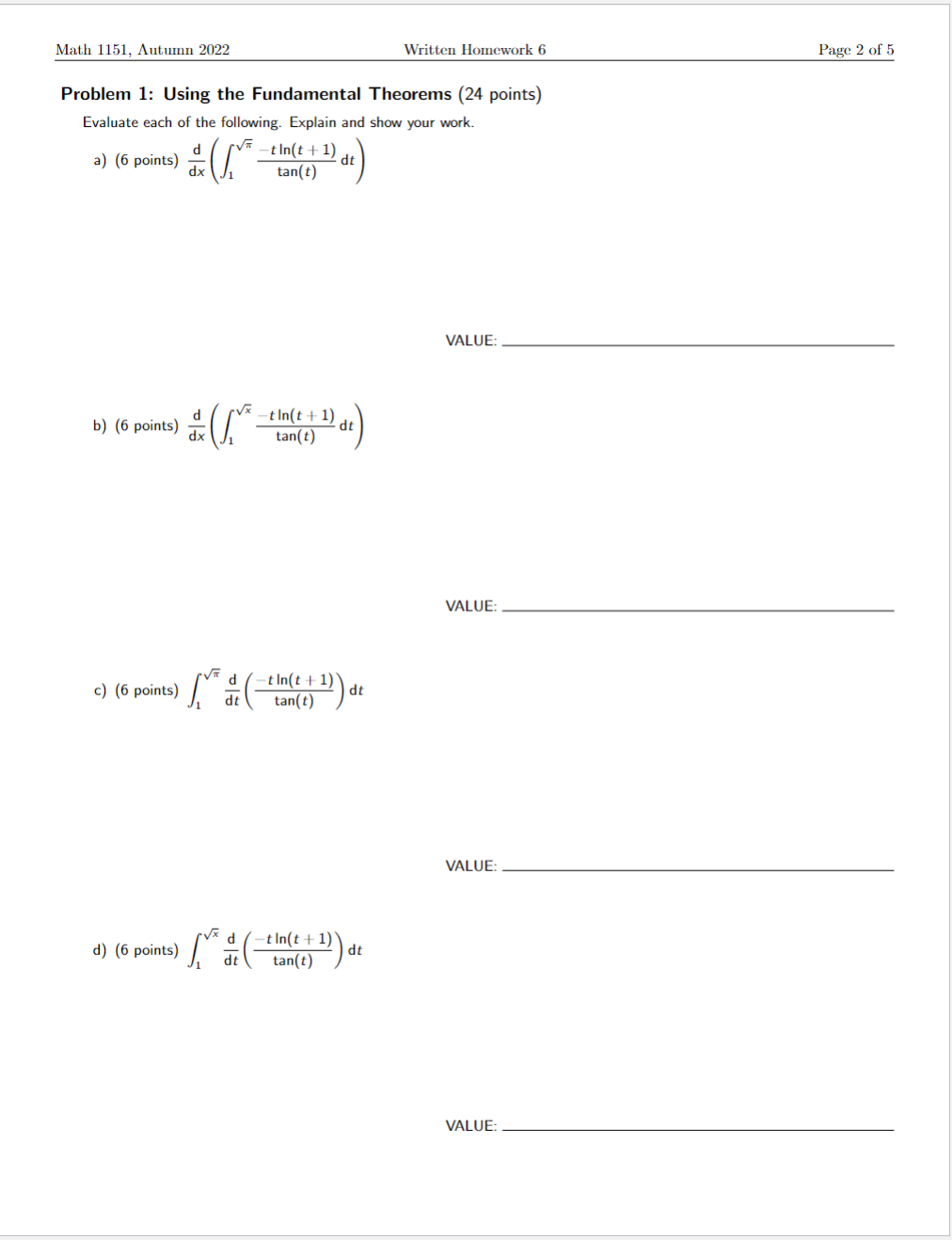 Math 1151, Mutumn 2022 Written Homework 6 Page 2 of 5 | Chegg.com