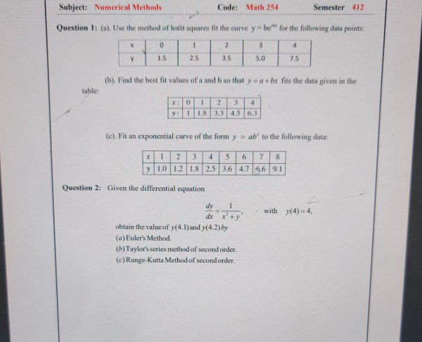 Solved Subject: Numerical Methods Code: Math 254 Semester | Chegg.com