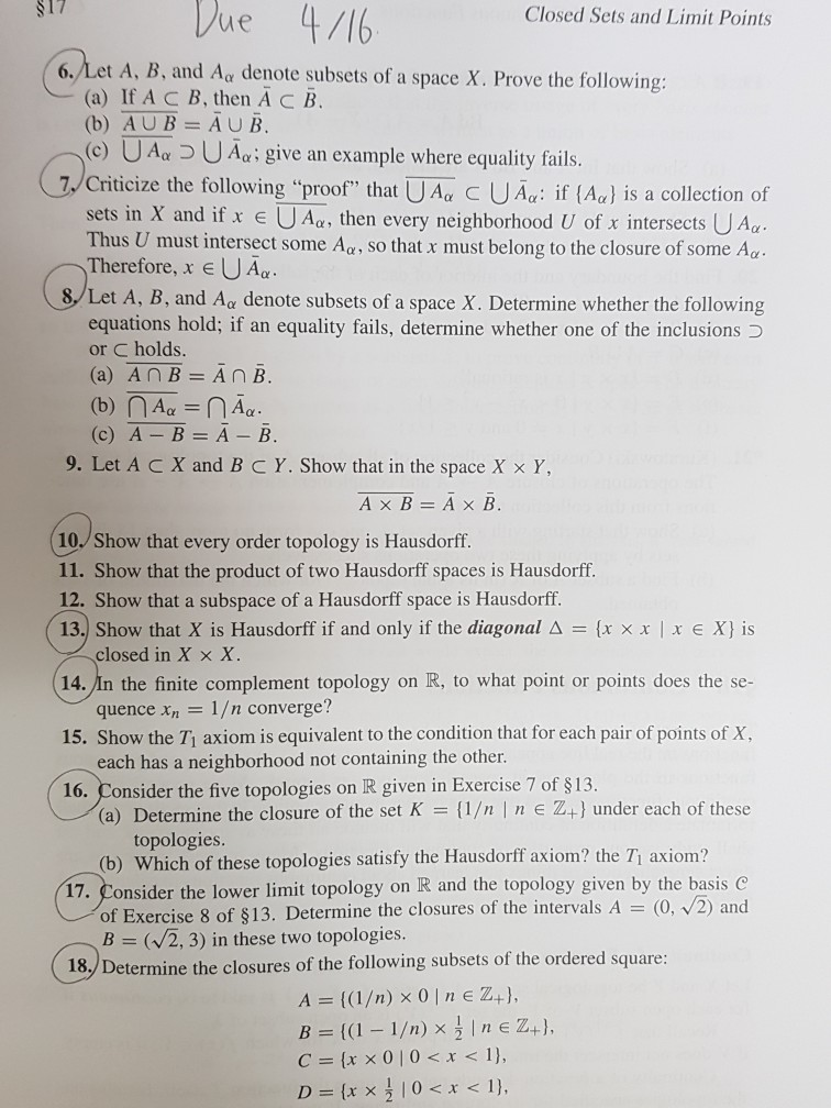 Solved Closed Sets And Limit Points Ue 6 Let A B And Aa