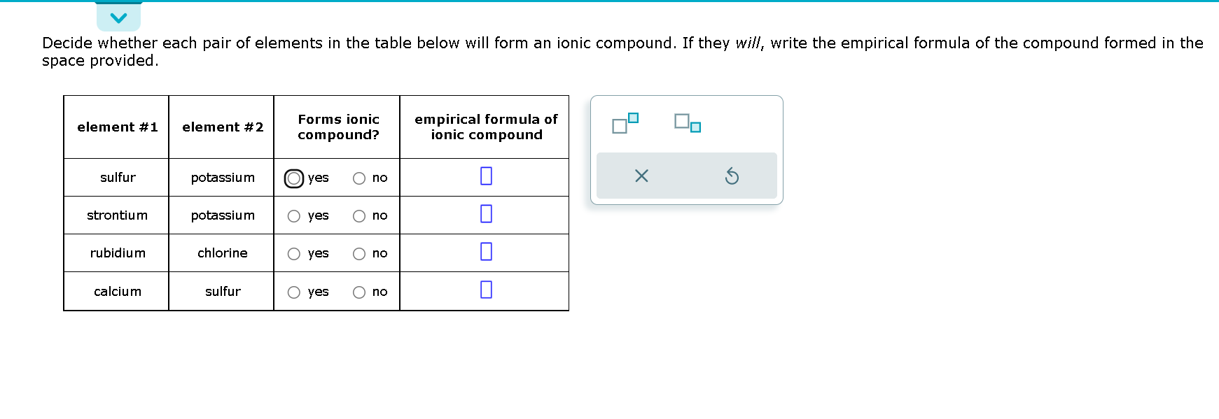 Solved Decide whether each pair of elements in the table | Chegg.com