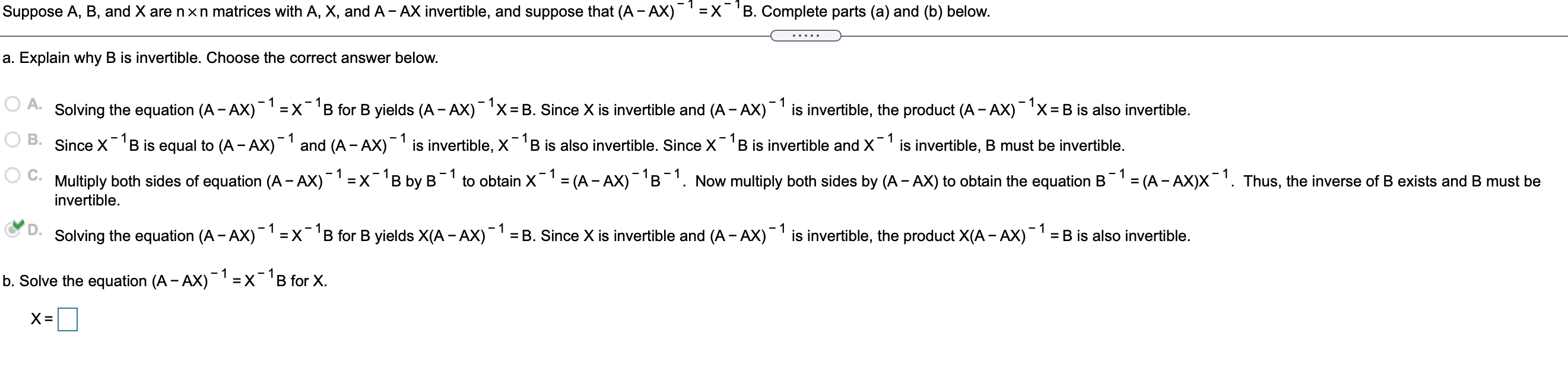 Solved Suppose A, B, and X are nxn matrices with A, X, and | Chegg.com