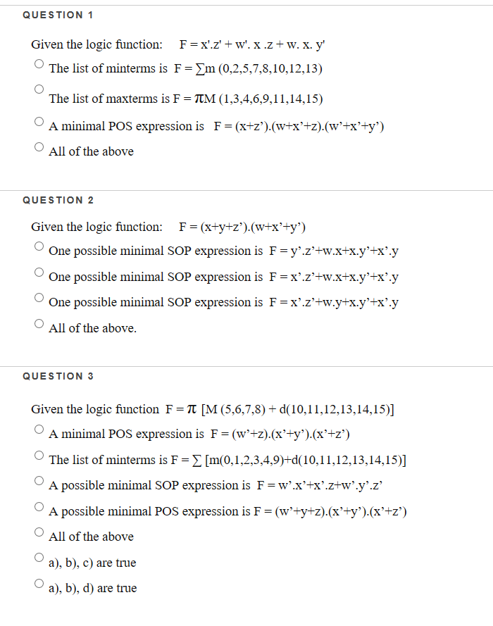 Solved QUESTION 1 Given the logic function: F=x' ·z' + w. | Chegg.com