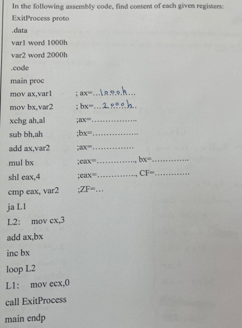 Solved In the following assembly code, find content of each | Chegg.com