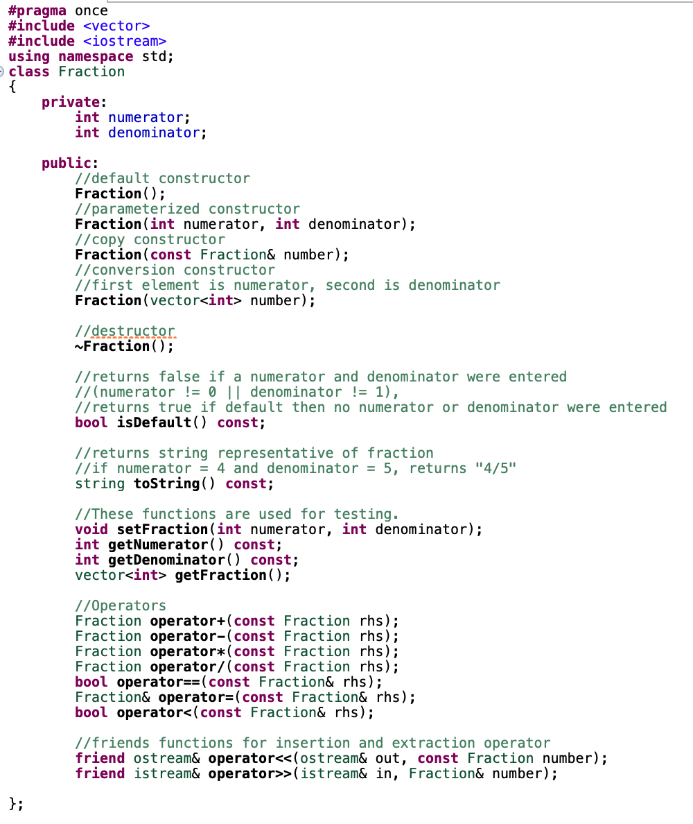 Solved - Fraction.cpp - Class definition Use int variables | Chegg.com