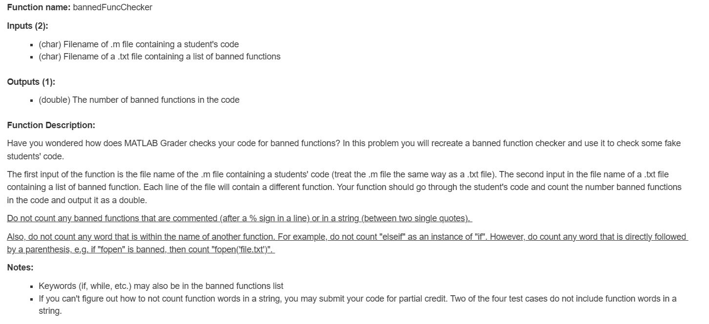 Solved Function name: bannedFuncChecker Inputs (2): - (char) | Chegg.com