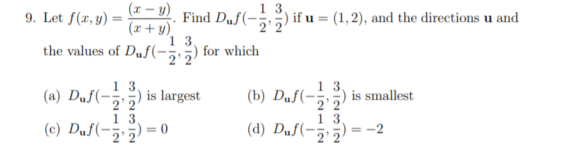 Solved (3 - y) 9. Let f(x,y) Find Duf(= 1 ;) if u = (1, 2), | Chegg.com
