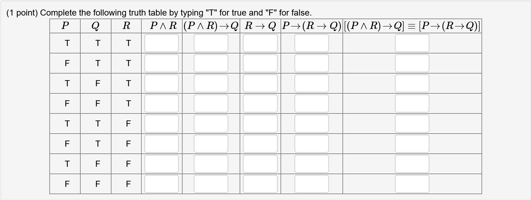 Solved (1 point) Complete the following truth table by | Chegg.com