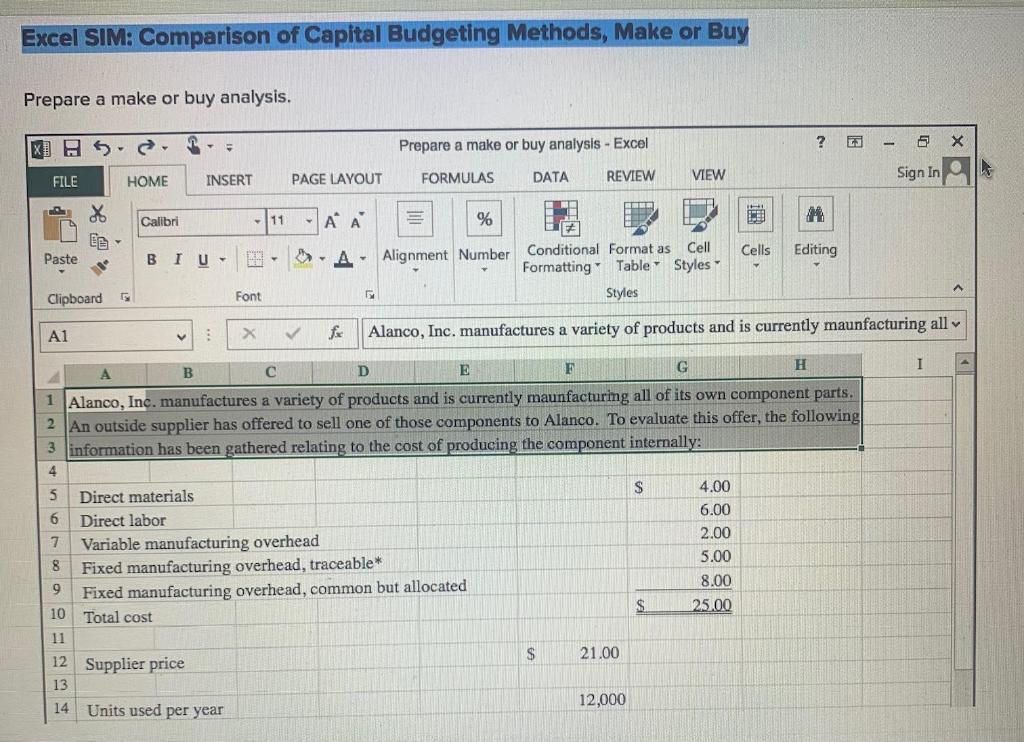 Solved Excel SIM: Comparison of Capital Budgeting Methods, | Chegg.com