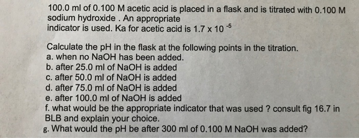 Solved 100.0 ml of 0.100 M acetic acid is placed in a flask | Chegg.com