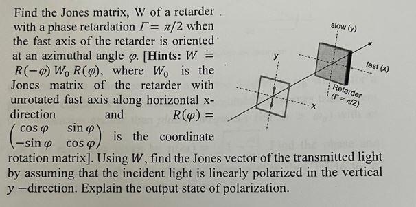 Solved Find the Jones matrix, W of a retarder with a phase | Chegg.com