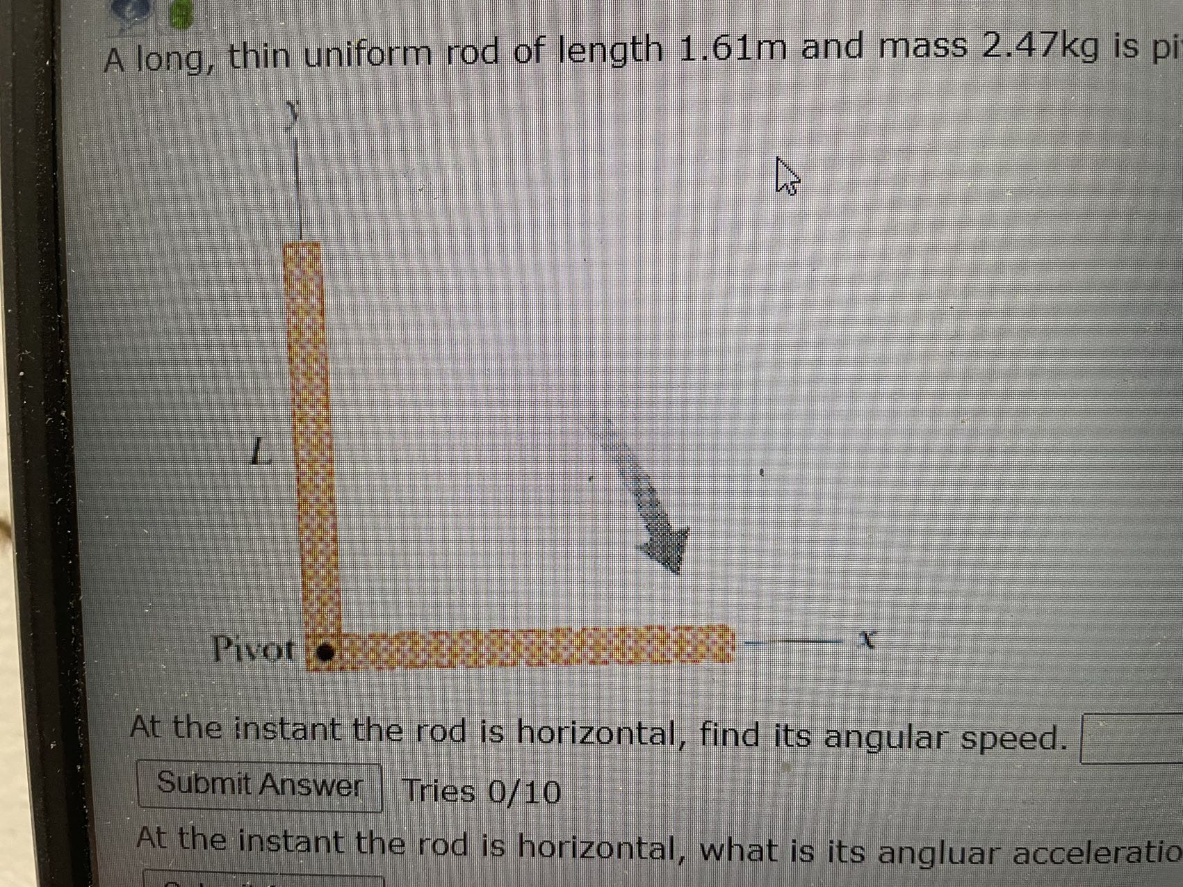 Solved A long, thin uniform rod of length 1.61m and | Chegg.com