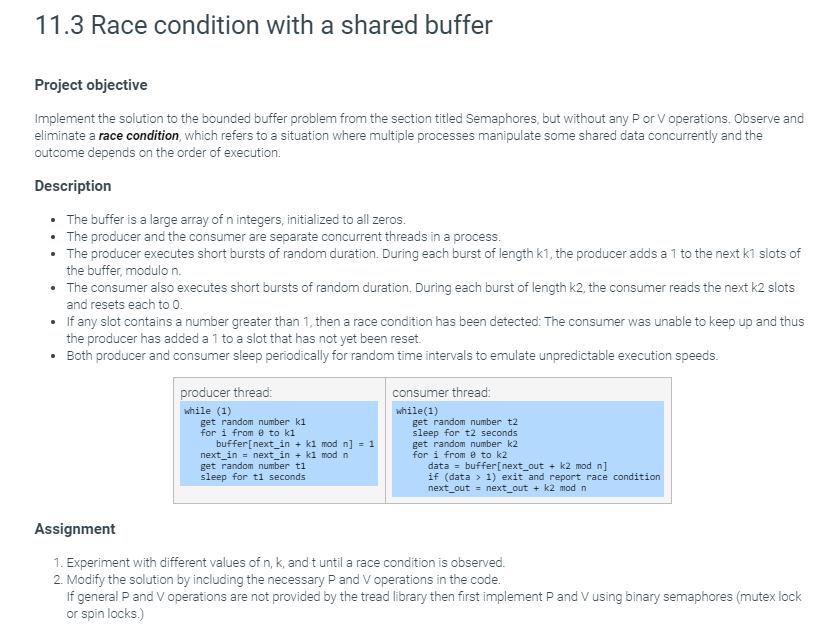 Solved 11.3 Race condition with a shared buffer Project | Chegg.com