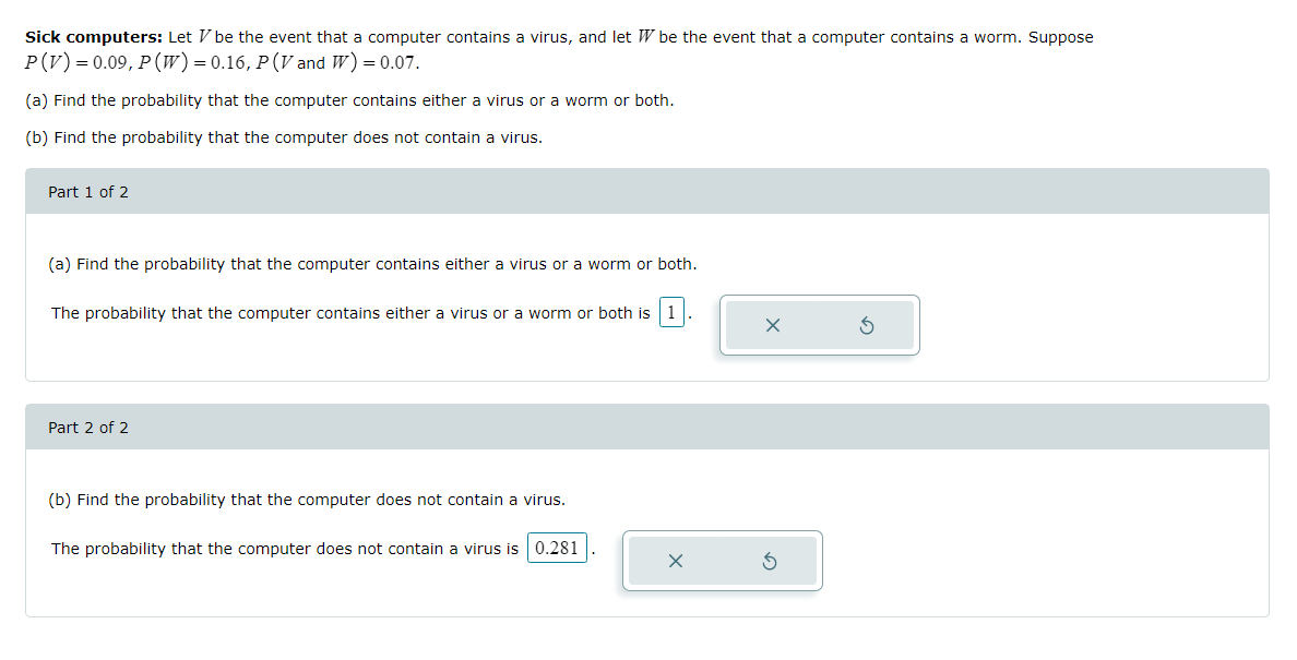 Solved Sick computers: Let V be the event that a computer | Chegg.com