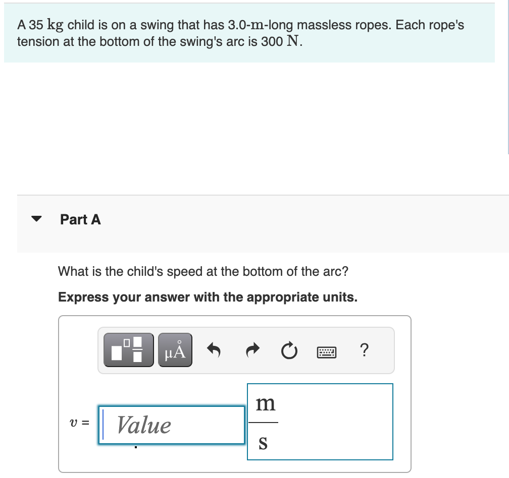 Solved A 35 kg child is on a swing that has 3.0−m-long | Chegg.com