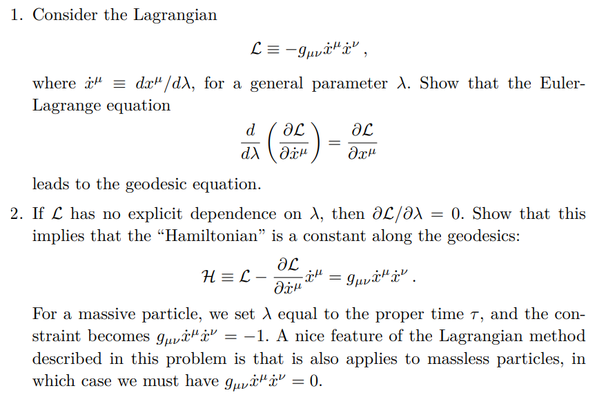 Solved 1. Consider the Lagrangian L≡−gμνx˙μx˙ν where | Chegg.com