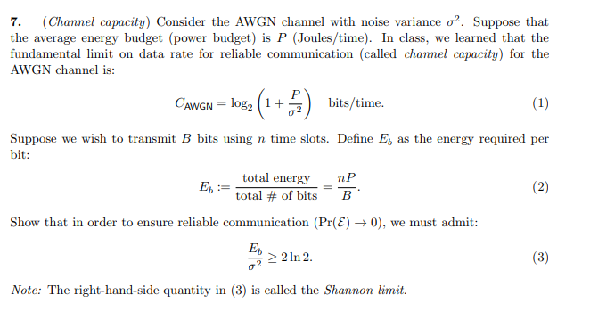 7. (Channel capacity) Consider the AWGN channel with | Chegg.com