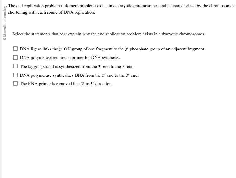 Solved The end-replication problem (telomere problem) | Chegg.com
