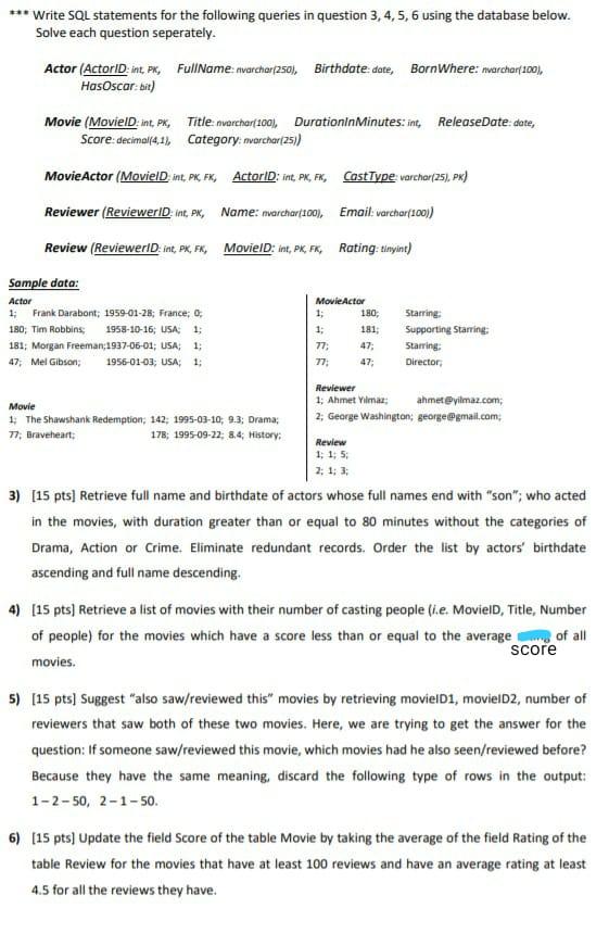 Solved *** Write SQL statements for the following queries in | Chegg.com