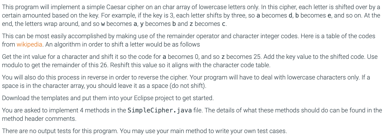 Solved This program will implement a simple Caesar cipher on | Chegg.com