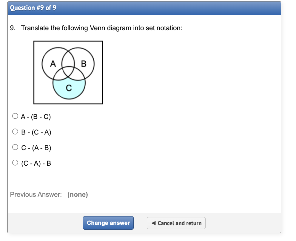 Solved Translate the following Venn diagram into set | Chegg.com