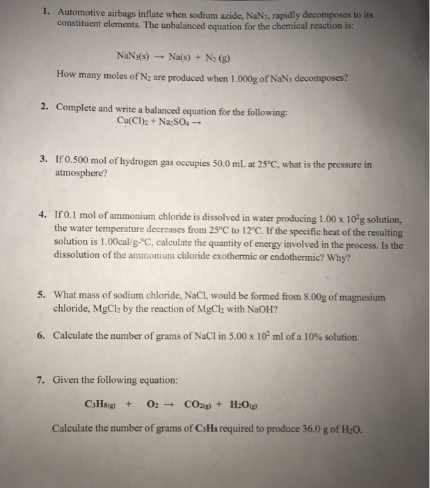 Solved 1. Automotive airbags inflate when sodium azide, | Chegg.com
