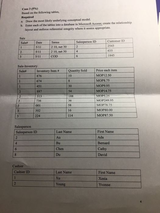 Solved Case 3 (5%) Based on the following tables, Required | Chegg.com