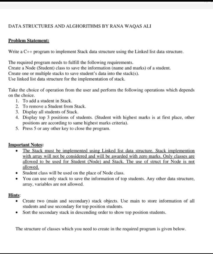 Solved DATA STRUCTURES AND ALGHORITHMS BY RANA WAQAS ALI | Chegg.com