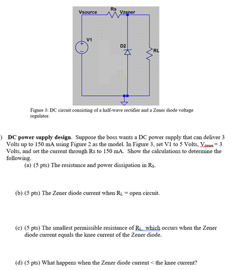 Solved Rs Vsource Vzener V1 D2 RL Figure 3: DC circuit | Chegg.com