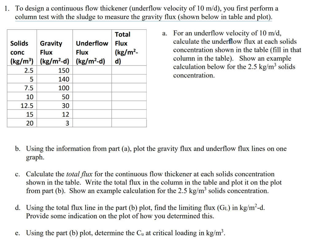 Solved 1. To design a continuous flow thickener (underflow | Chegg.com