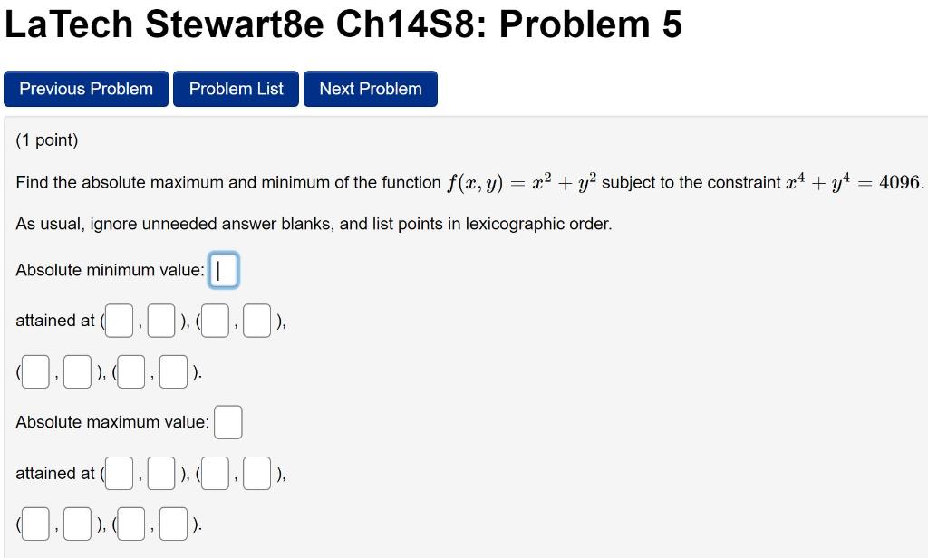 Solved LaTech Stewart8e Ch14S8: Problem 5 Previous Problem | Chegg.com