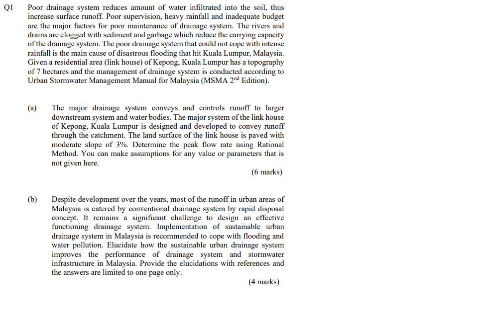 Q1 Poor drainage system reduces amount of water | Chegg.com