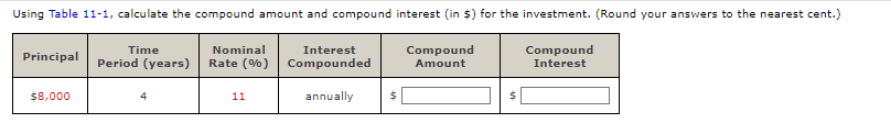 [Solved]: Using Table 11-1, calculate the compound amo