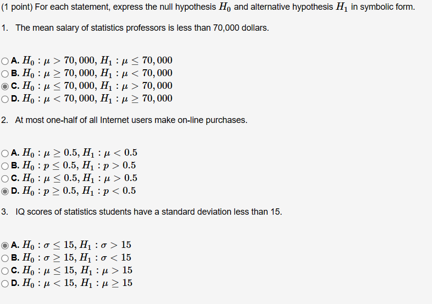 Solved (1 point) For each statement, express the null | Chegg.com