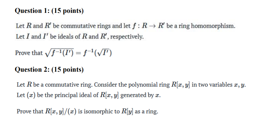 Solved Question 1: (15 points) Let R and R' be commutative | Chegg.com