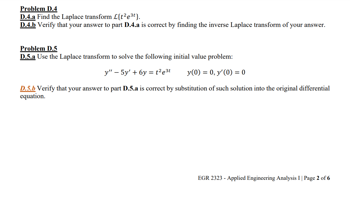 Solved Problem D.4 D.4.a Find the Laplace transform | Chegg.com