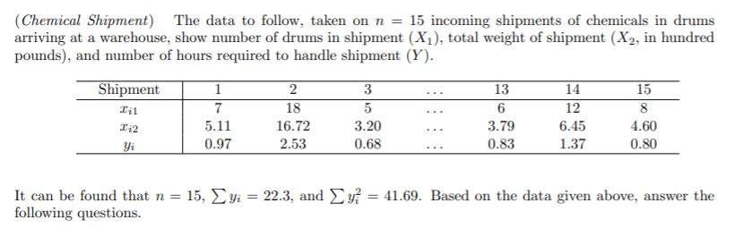 Solved (Chemical Shipment) The data to follow, taken on n = | Chegg.com