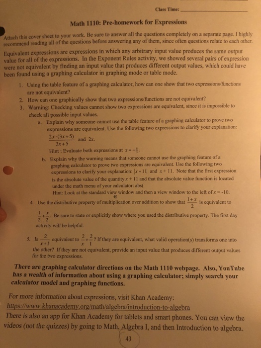 Class Time: Math 1110: Pre-homework for Expressions | Chegg.com