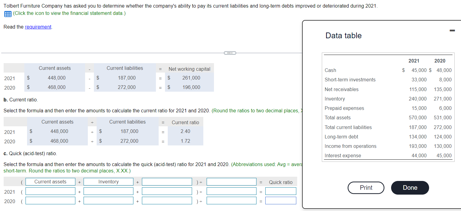 Solved b. Current ratio. Select the formula and then enter | Chegg.com