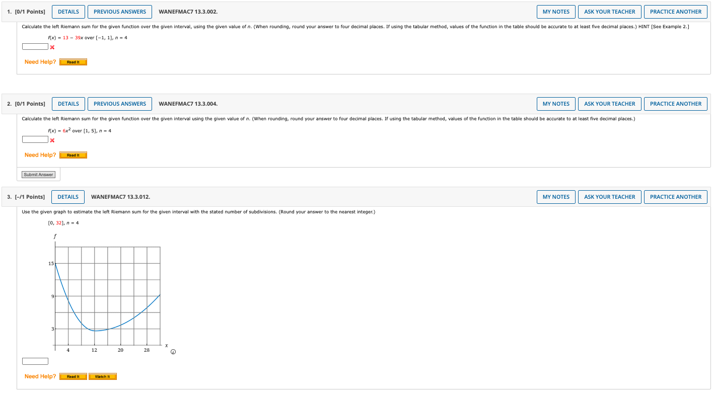 Solved f(x)=13−39x over [−1,1],n=4 W WANEFMAC7 13.3.004 | Chegg.com