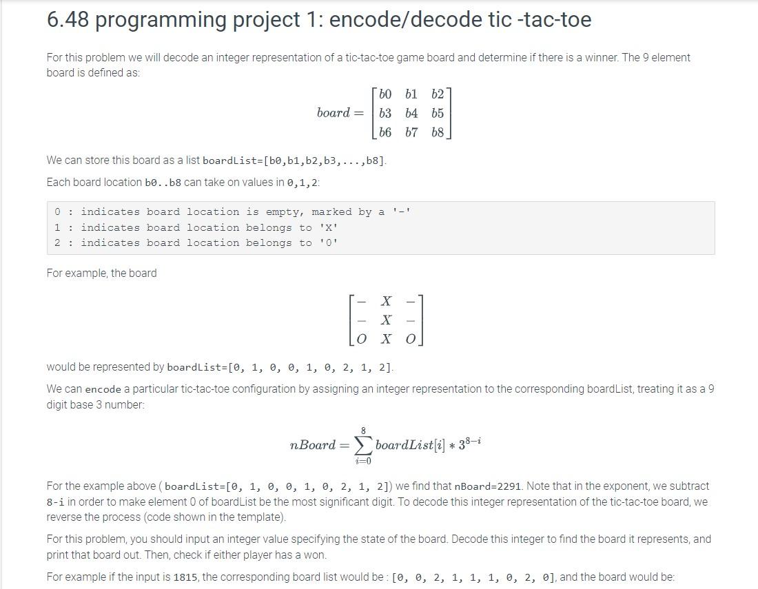 Solved 6.48 programming project 1: encode/decode tic-tac-toe | Chegg.com