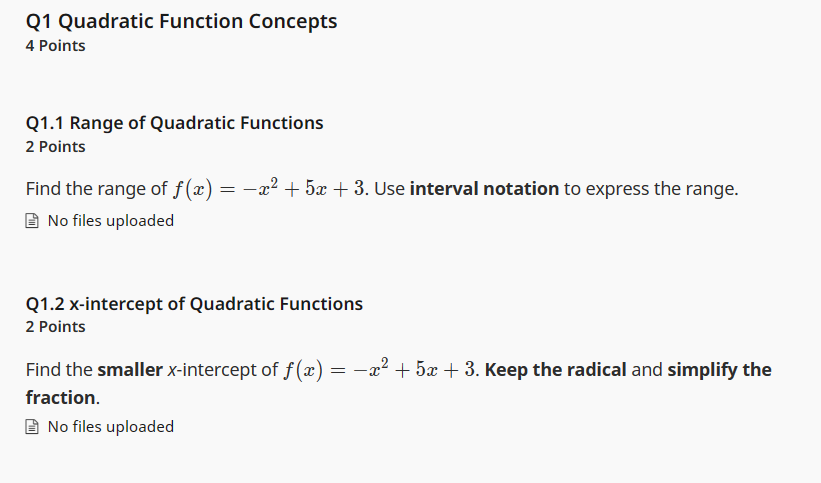 Solved Q1 Quadratic Function Concepts 4 Points Q1.1 Range of | Chegg.com