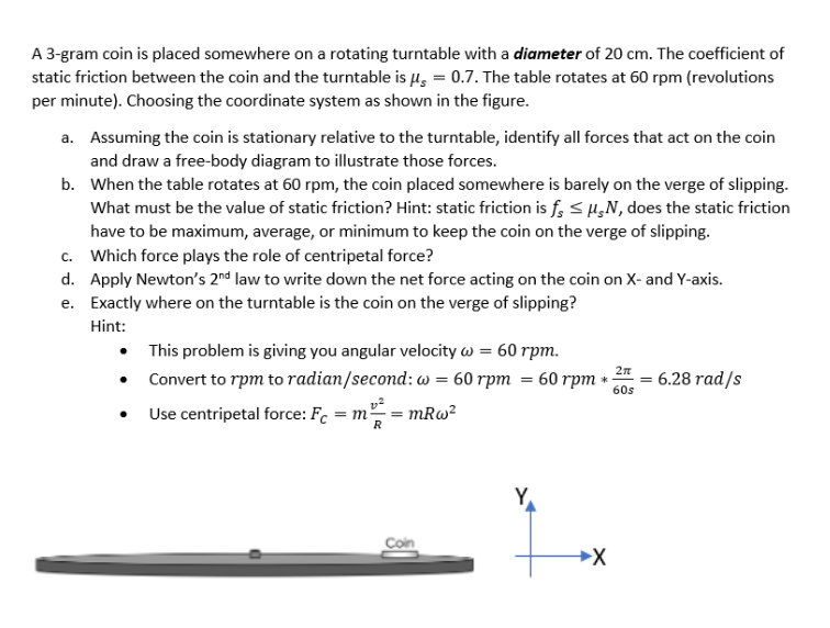 Solved A 3-gram coin is placed somewhere on a rotating | Chegg.com