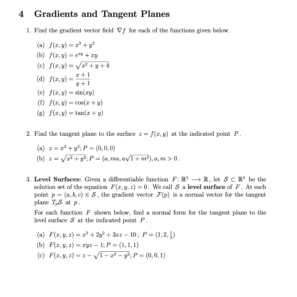 Solved 4 Gradients and Tangent Planes 1. Find the gradient | Chegg.com